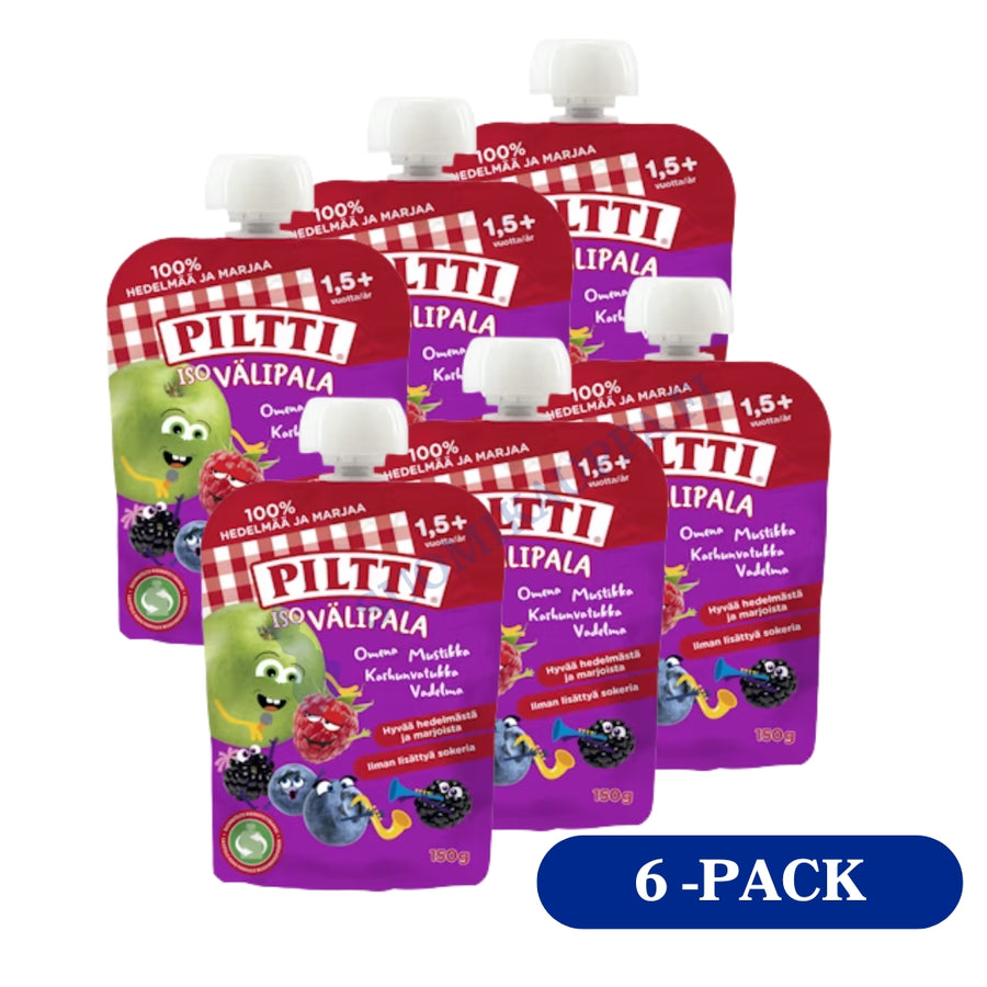 6 x Piltti Iso välipala 150g 1,5+ vuotta omena mustikka karhunvatukka – Suomikauppa.fi
